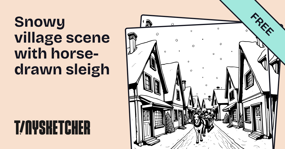 Snowy village scene with horse-drawn sleigh Coloring Page | Free ...