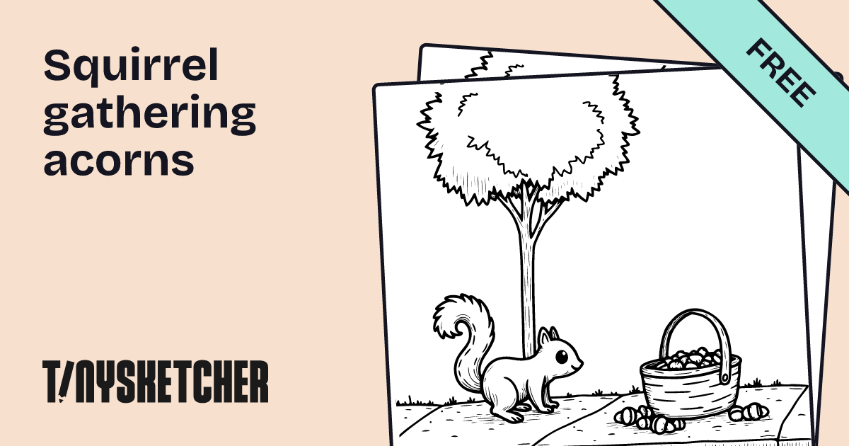 Squirrel gathering acorns Coloring Page | Free Printables | Tiny Sketcher