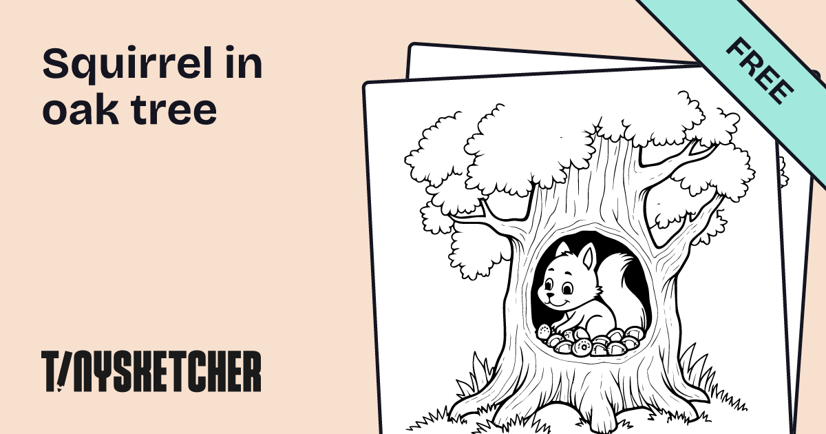 Squirrel in oak tree Coloring Page | Free Printables | Tiny Sketcher