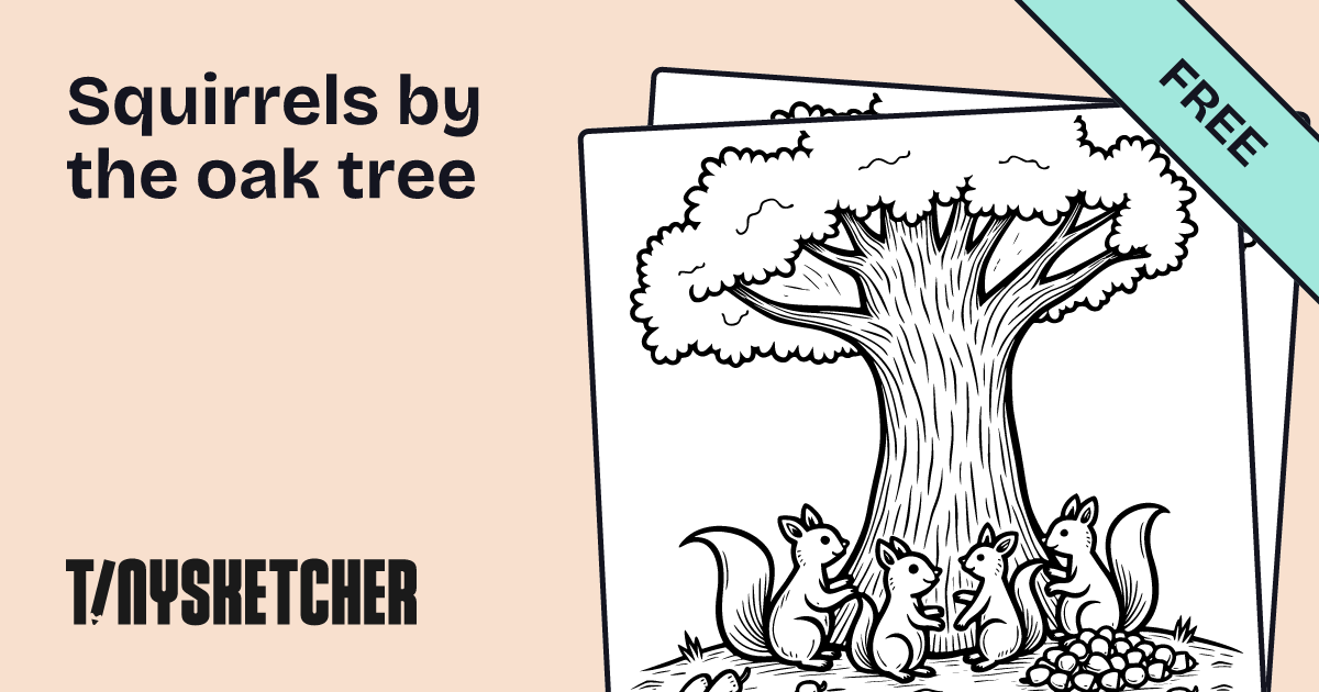 Squirrels by the oak tree Coloring Page | Free Printables | Tiny Sketcher