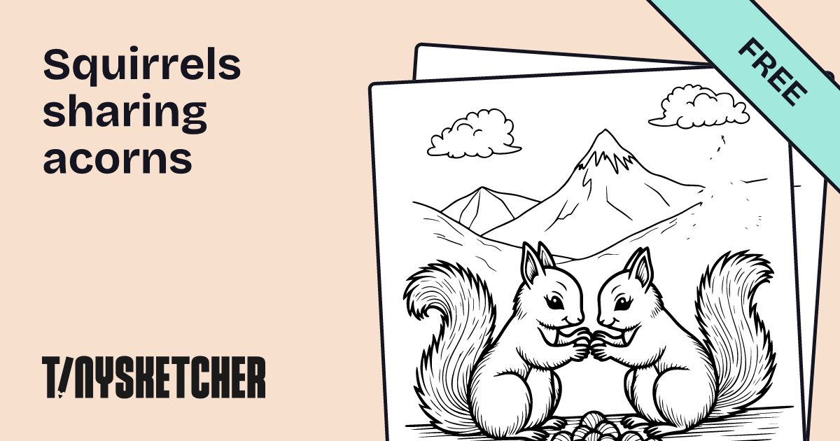 Squirrels sharing acorns Coloring Page | Free Printables | Tiny Sketcher