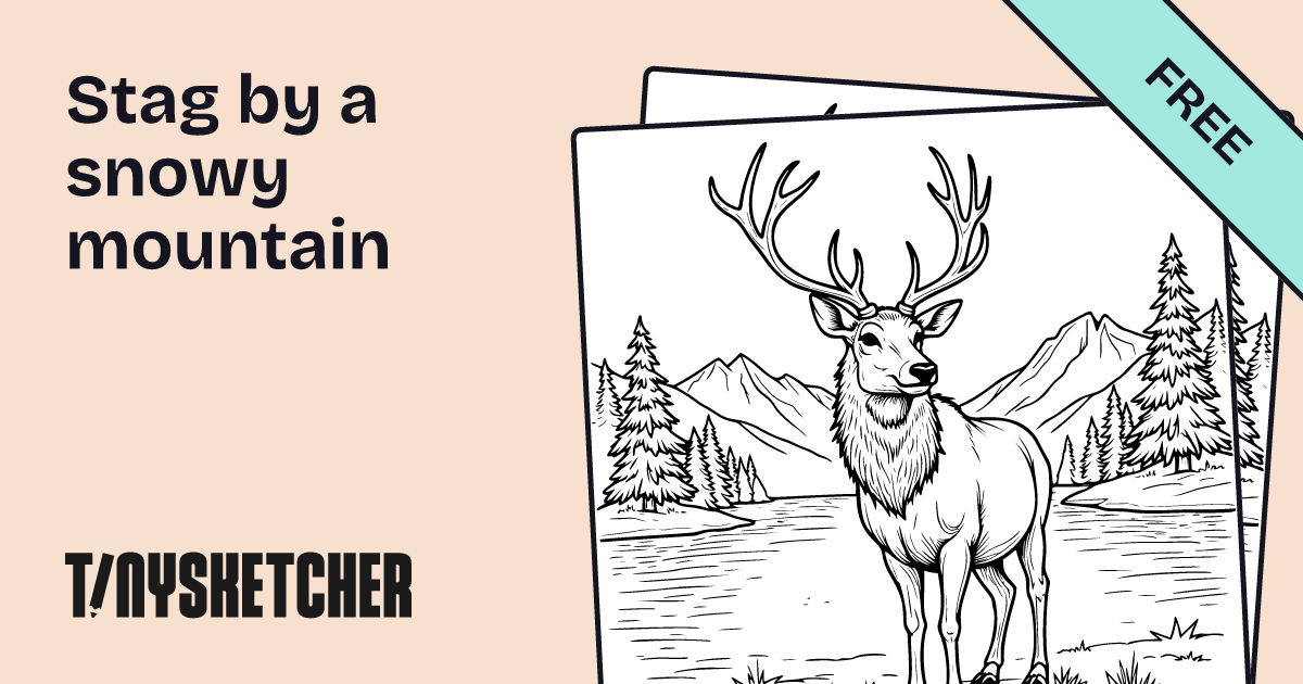 Stag by a snowy mountain Coloring Page | Free Printables | Tiny Sketcher