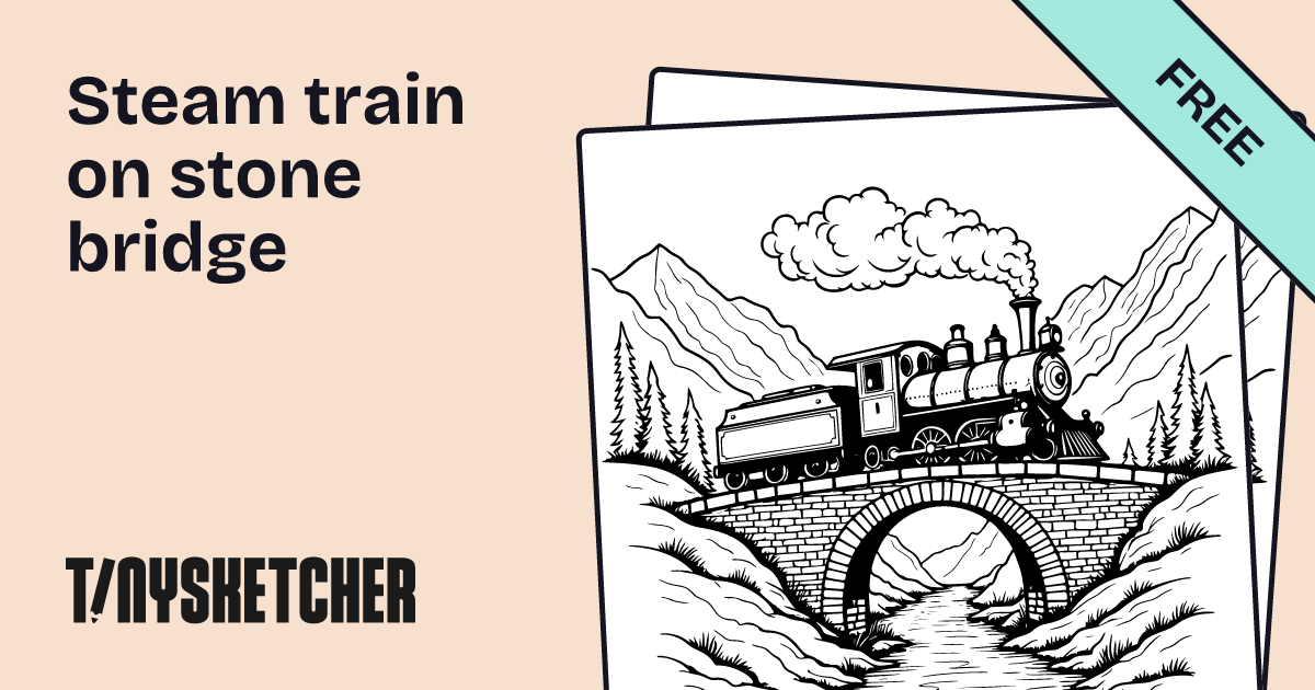 Steam train on stone bridge Coloring Page | Free Printables | Tiny Sketcher