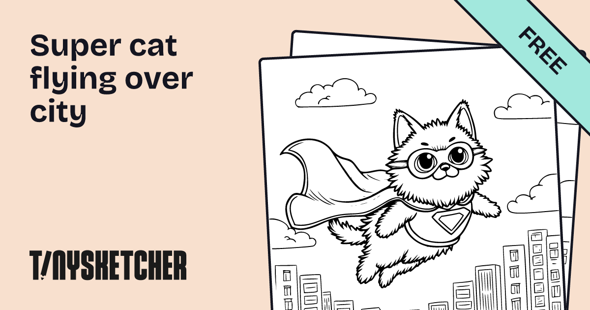 Super cat flying over city Coloring Page | Free Printables | Tiny Sketcher