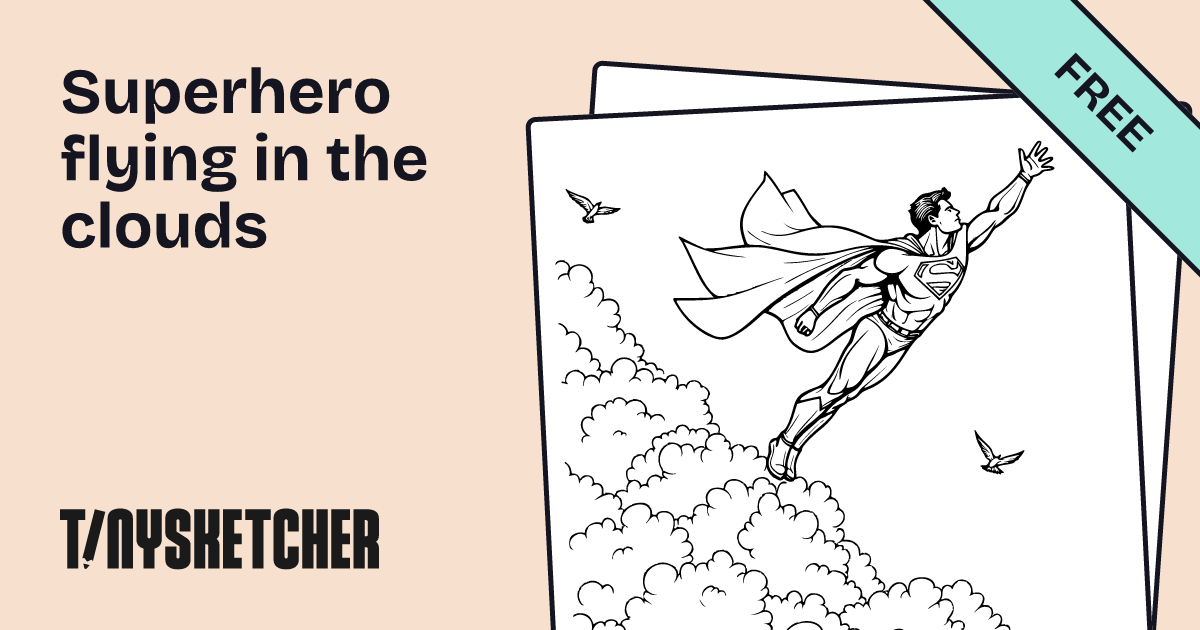 Superhero flying in the clouds Coloring Page | Free Printables | Tiny ...