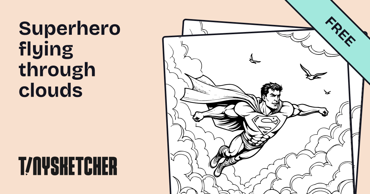 Superhero flying through clouds Coloring Page | Free Printables | Tiny ...