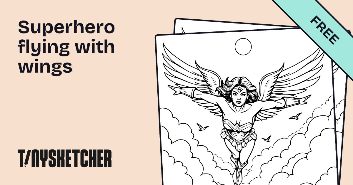 Superhero flying with wings Coloring Page | Free Printables | Tiny Sketcher