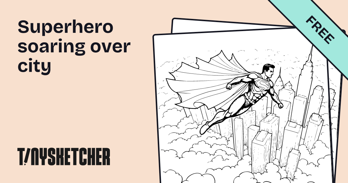 Superhero soaring over city Coloring Page | Free Printables | Tiny Sketcher
