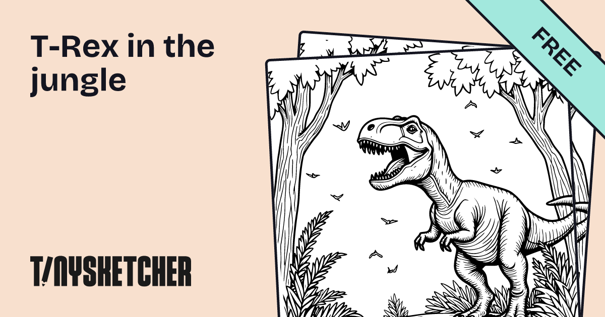 T-Rex in the jungle Coloring Page | Free Printables | Tiny Sketcher