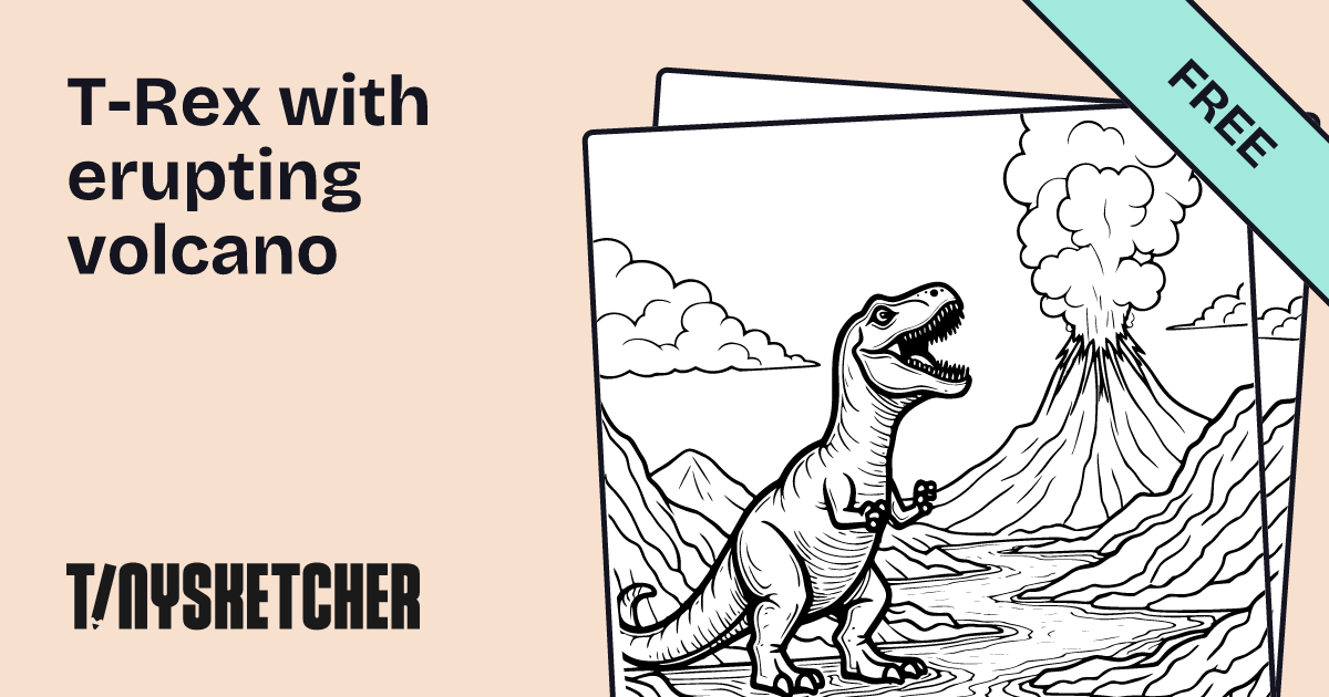 T-Rex with erupting volcano Coloring Page | Free Printables | Tiny Sketcher