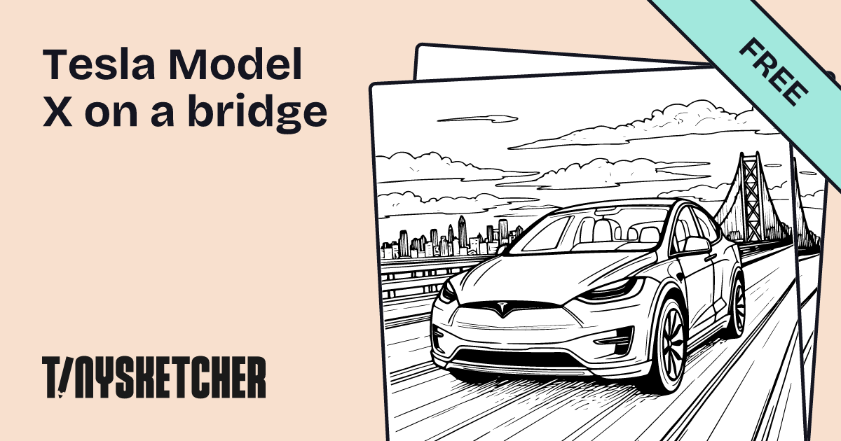 Tesla Model X on a bridge Coloring Page | Free Printables | Tiny Sketcher