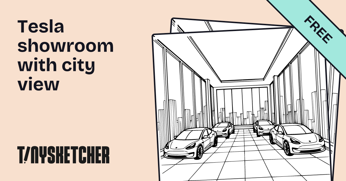 Tesla showroom with city view Coloring Page | Free Printables | Tiny ...