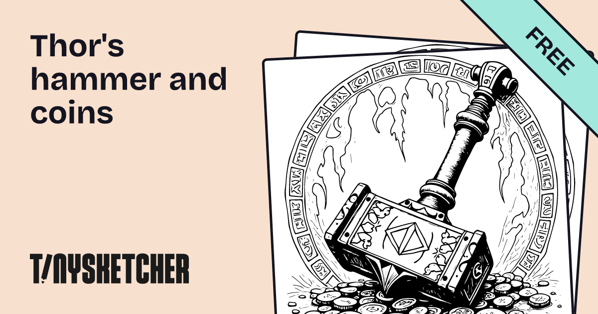 Thor's hammer and coins Coloring Page | Free Printables | Tiny Sketcher