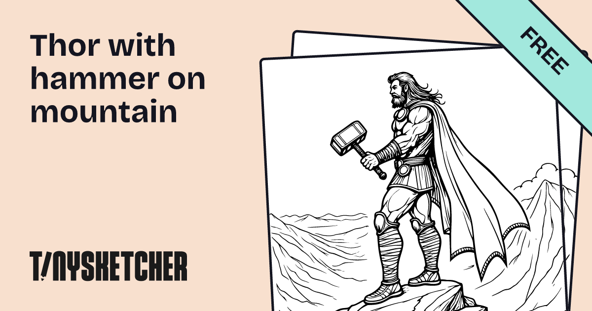 Thor with hammer on mountain Coloring Page | Free Printables | Tiny ...