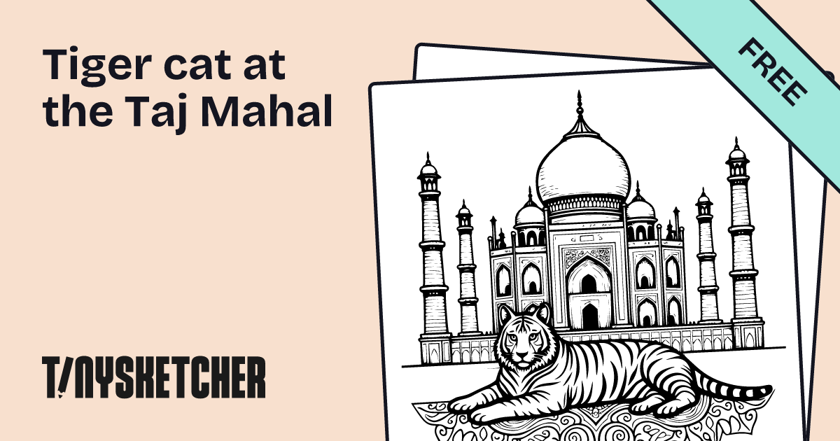 Tiger cat at the Taj Mahal Coloring Page | Free Printables | Tiny Sketcher