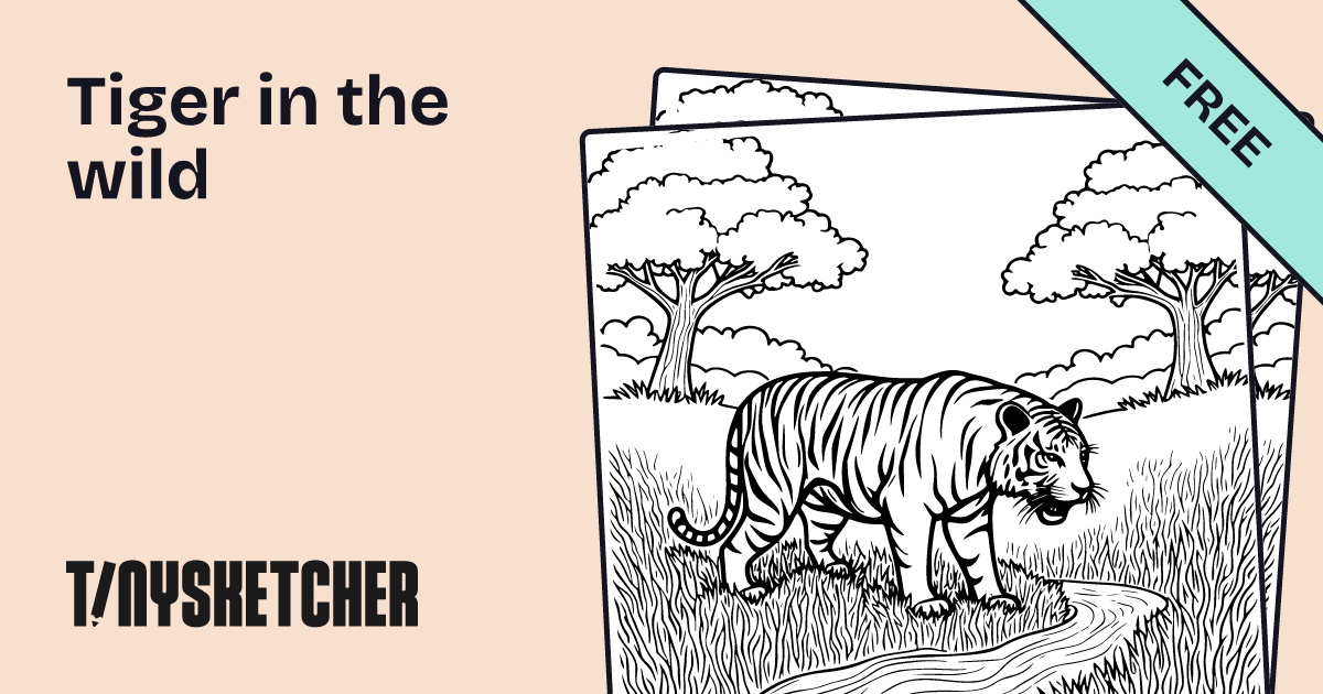Tiger in the wild Coloring Page | Free Printables | Tiny Sketcher