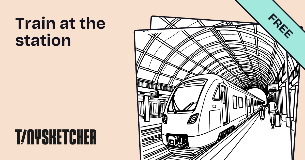 Train at the station Coloring Page | Free Printables | Tiny Sketcher