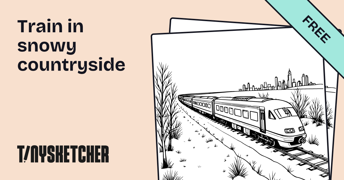Train in snowy countryside Coloring Page | Free Printables | Tiny Sketcher
