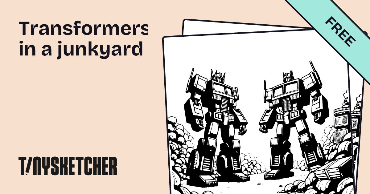 Transformers in a junkyard Coloring Page | Free Printables | Tiny Sketcher