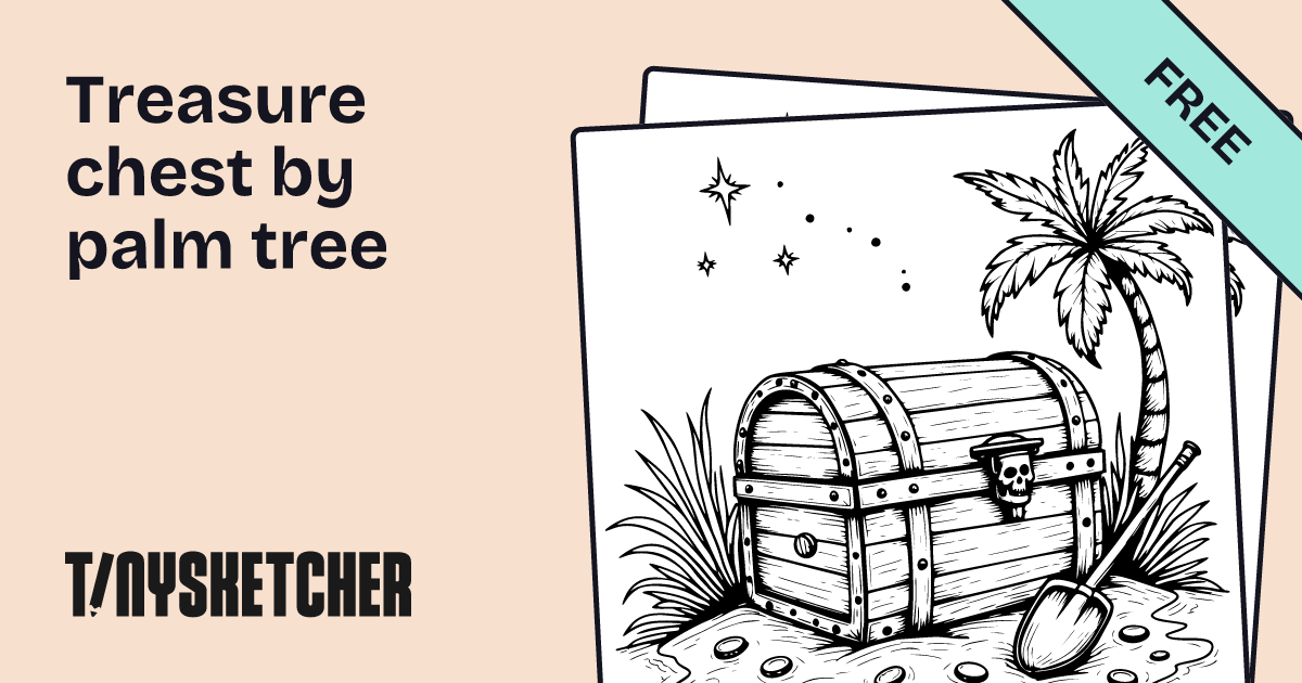 Treasure chest by palm tree Coloring Page | Free Printables | Tiny Sketcher