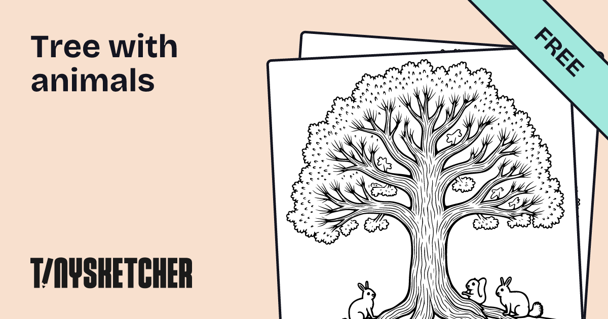 Tree with animals Coloring Page | Free Printables | Tiny Sketcher