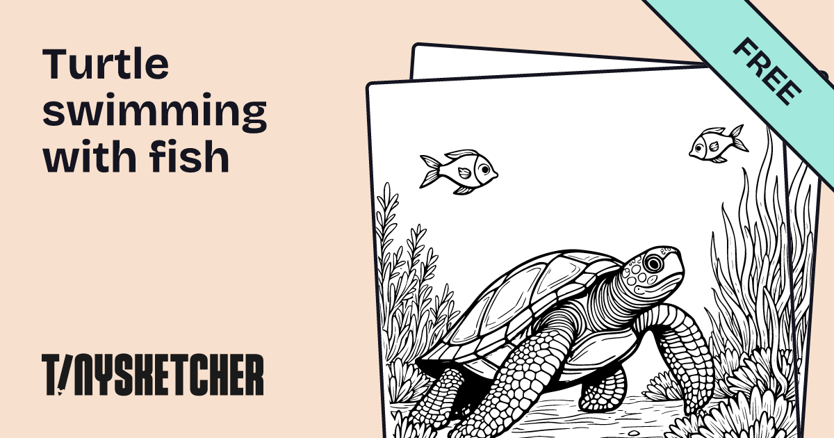 Turtle swimming with fish Coloring Page | Free Printables | Tiny Sketcher