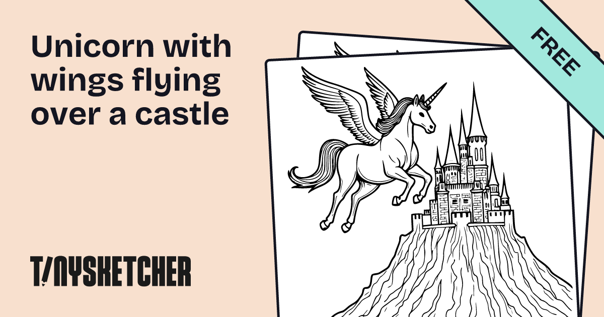 Unicorn with wings flying over a castle Coloring Page | Free Printables ...