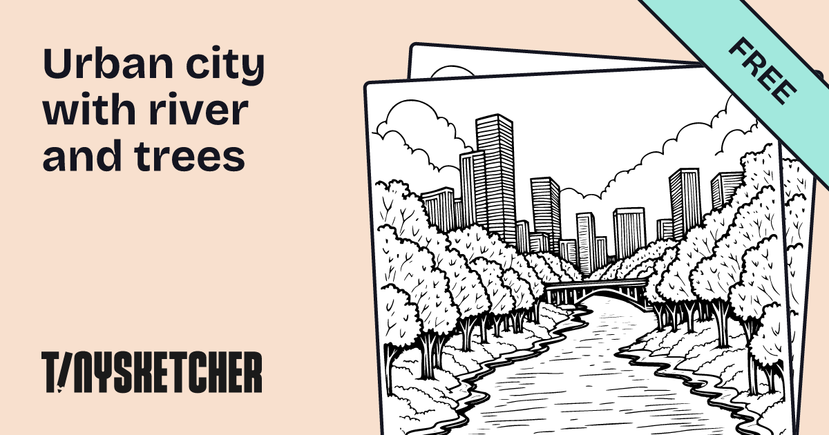 Urban city with river and trees Coloring Page | Free Printables | Tiny ...