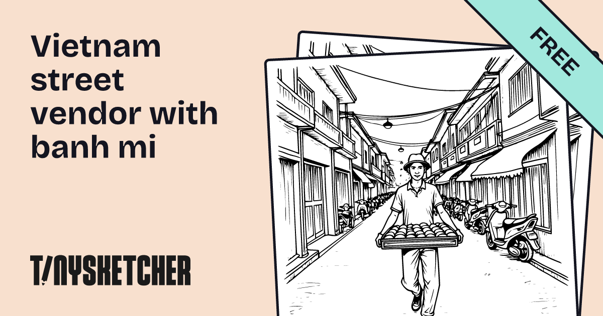 Vietnam street vendor with banh mi Coloring Page | Free Printables | Tiny Sketcher