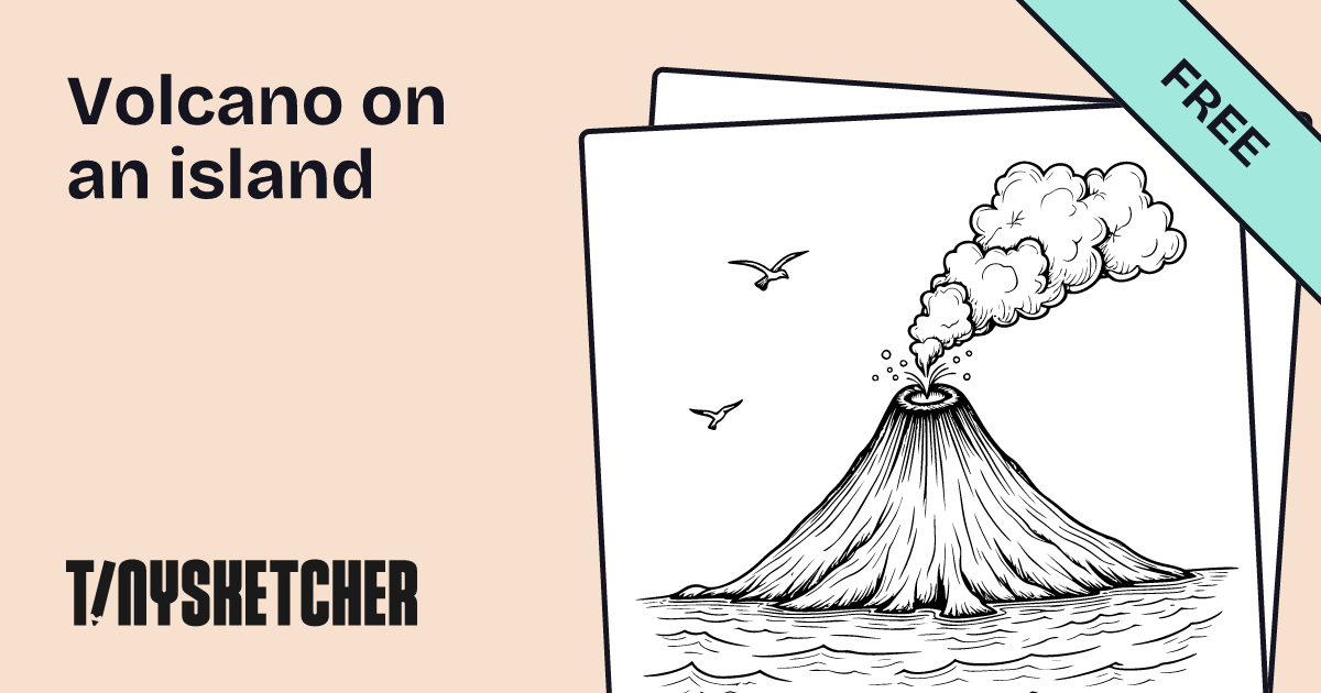 Volcano on an island Coloring Page | Free Printables | Tiny Sketcher
