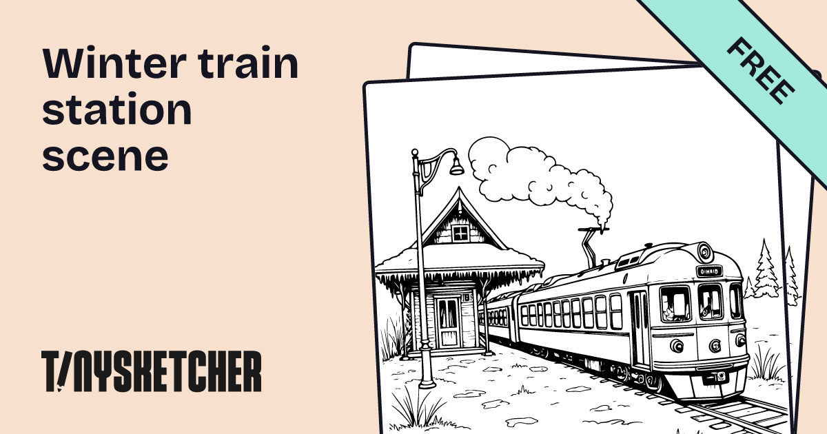 Winter train station scene Coloring Page | Free Printables | Tiny Sketcher