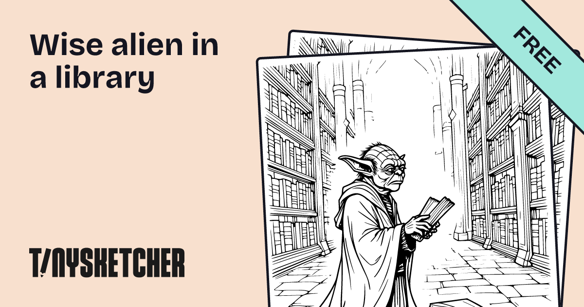 Wise alien in a library Coloring Page | Free Printables | Tiny Sketcher