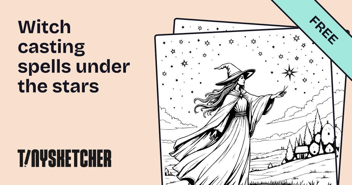 Witch casting spells under the stars Coloring Page | Free Printables ...