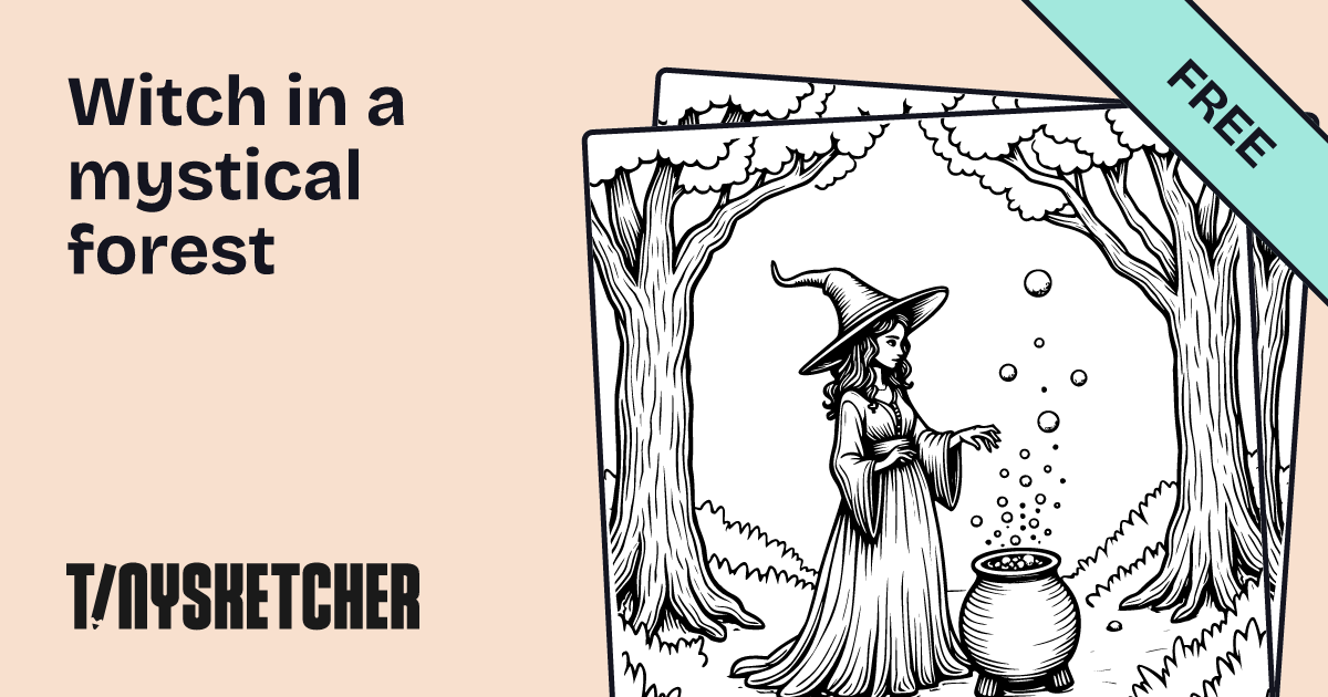 Witch in a mystical forest Coloring Page | Free Printables | Tiny Sketcher