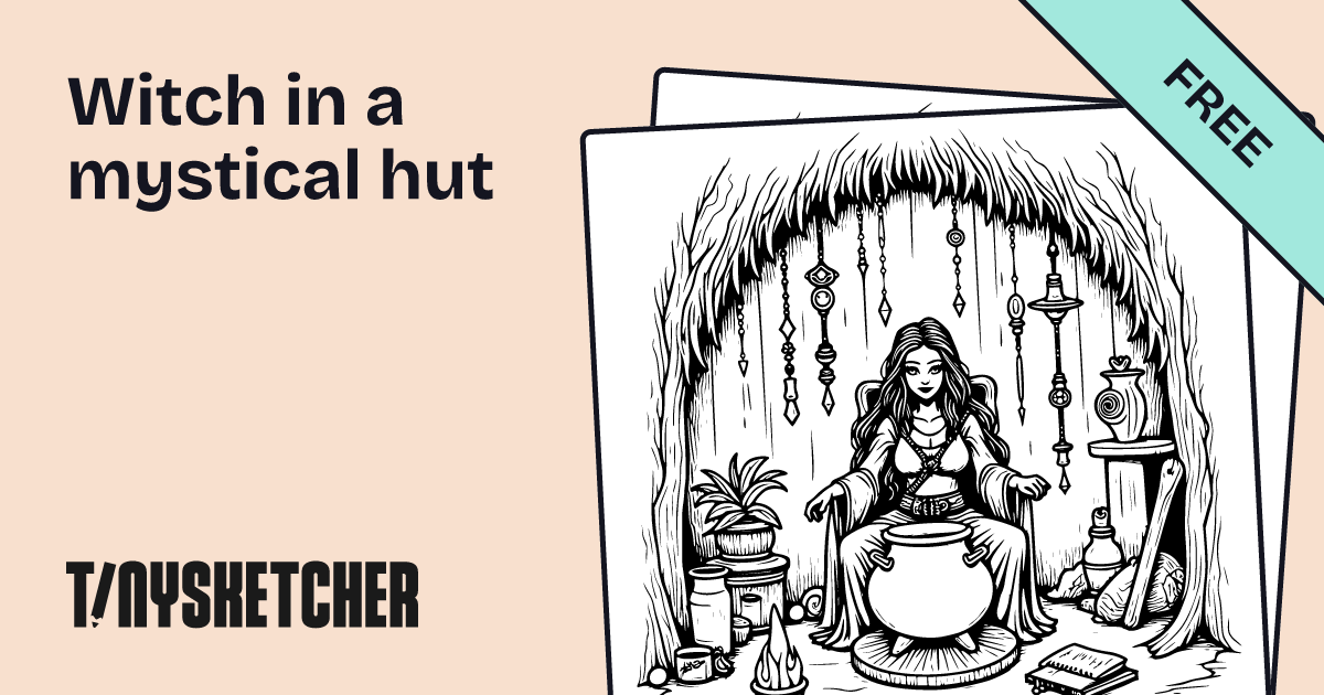 Witch in a mystical hut Coloring Page | Free Printables | Tiny Sketcher