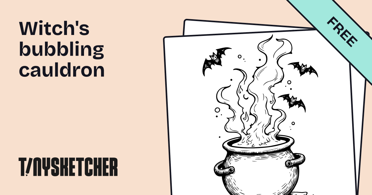 Witch's bubbling cauldron Coloring Page | Free Printables | Tiny Sketcher