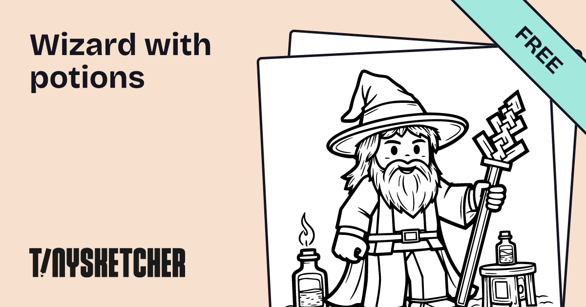 Wizard with potions Coloring Page | Free Printables | Tiny Sketcher