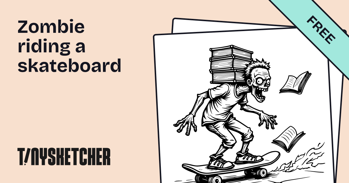 Zombie riding a skateboard Coloring Page | Free Printables | Tiny Sketcher